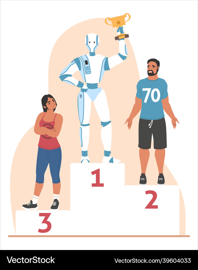 Robot on winner pedestal with trophy cup Vector Image