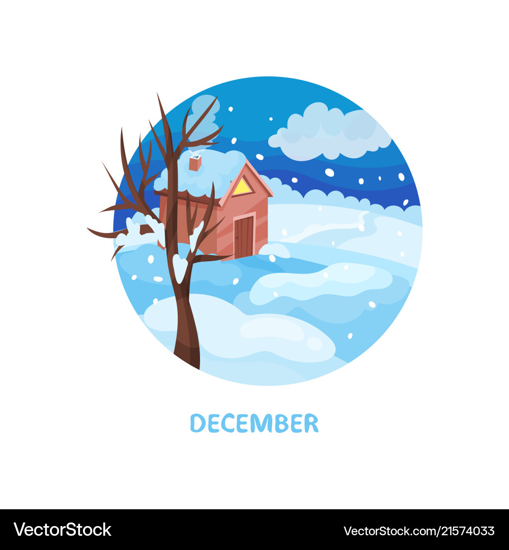 Winter landscape with little house tree snow Vector Image