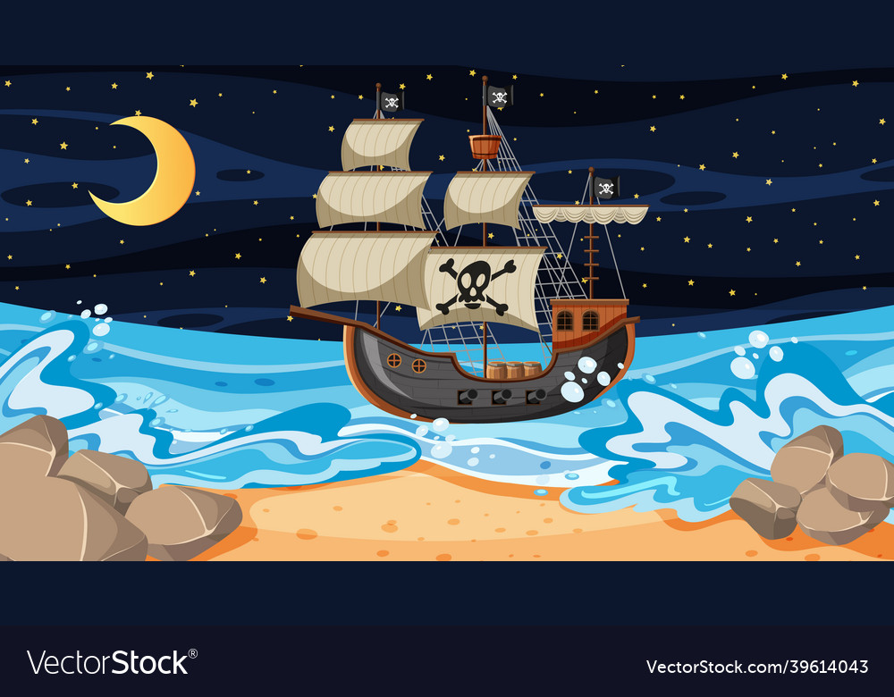 Beach Scene At Night With Pirate Ship In Cartoon Vector Image