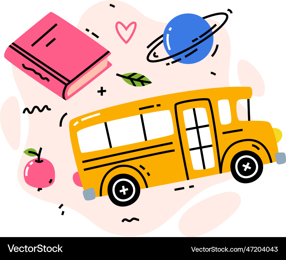 Hello school with bus apple book and planet Vector Image