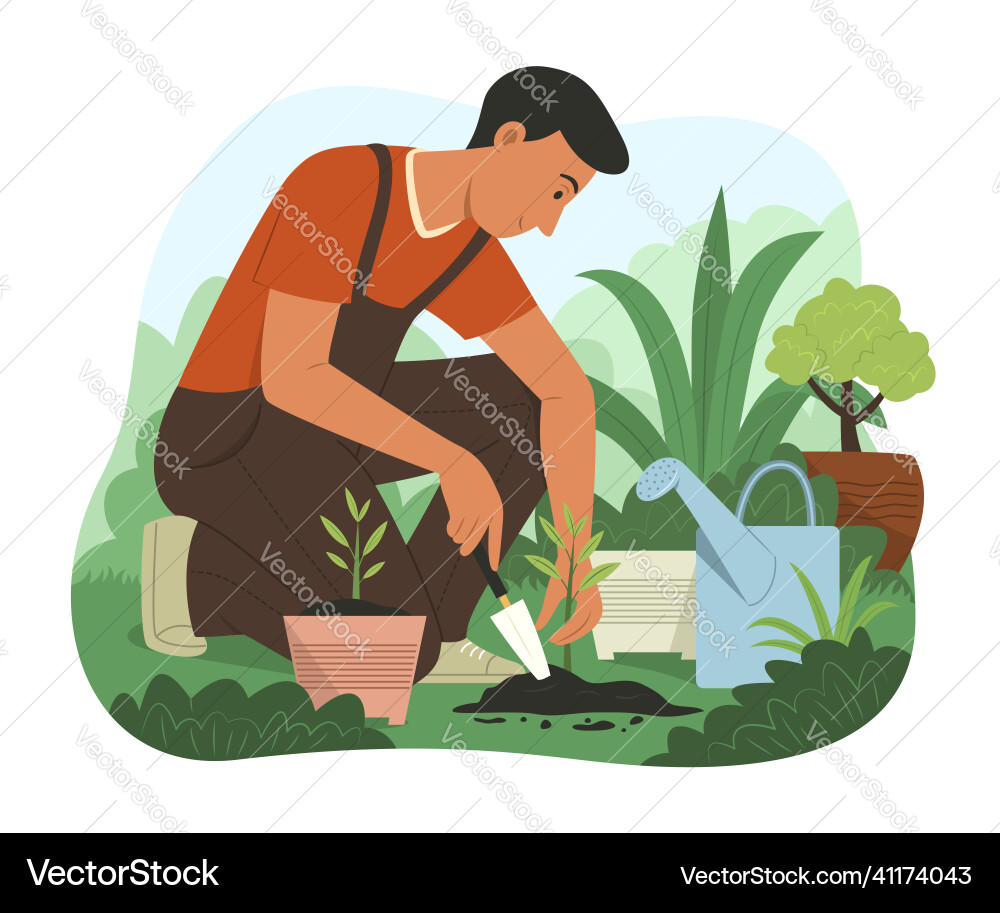 Man planting tree in garden Royalty Free Vector Image