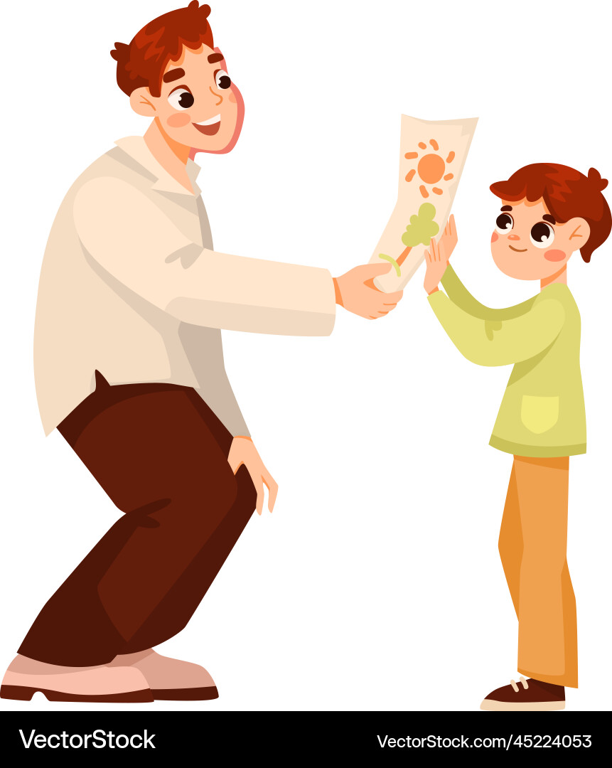 Man parent supporting boy son admiring his drawing