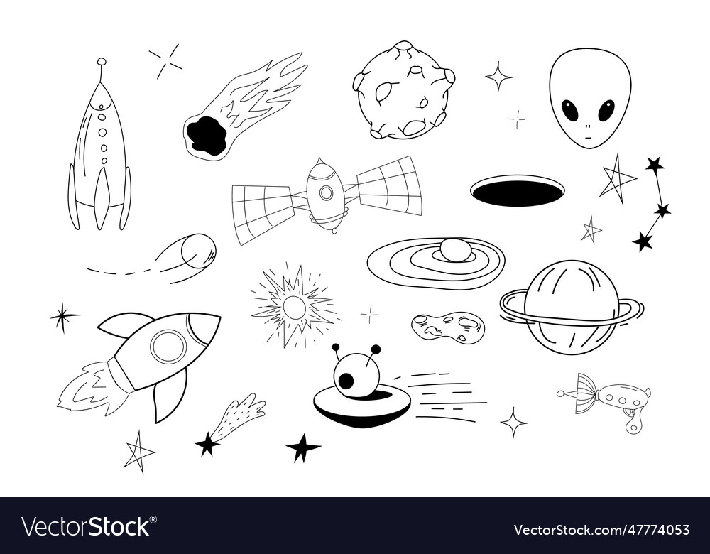 Set space elements ufo spaceship rocket Royalty Free Vector