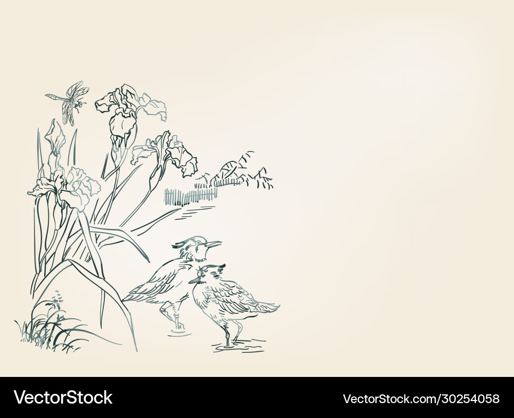 Duck bird iris flower nature landscape view Vector Image