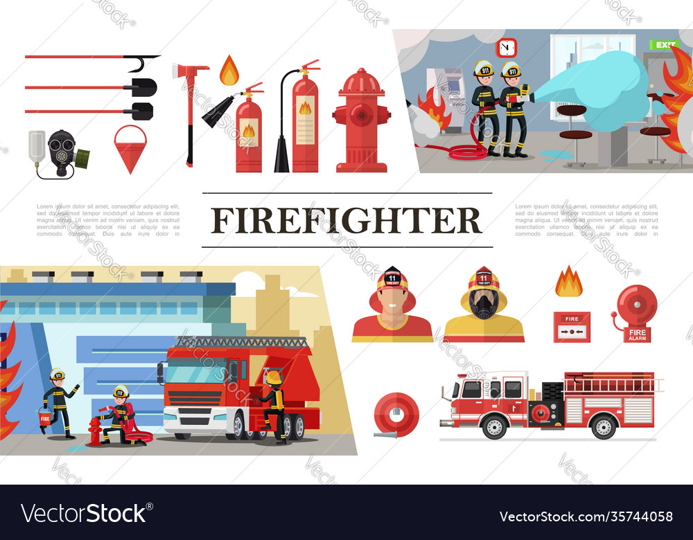 Flat firefighting elements composition Royalty Free Vector
