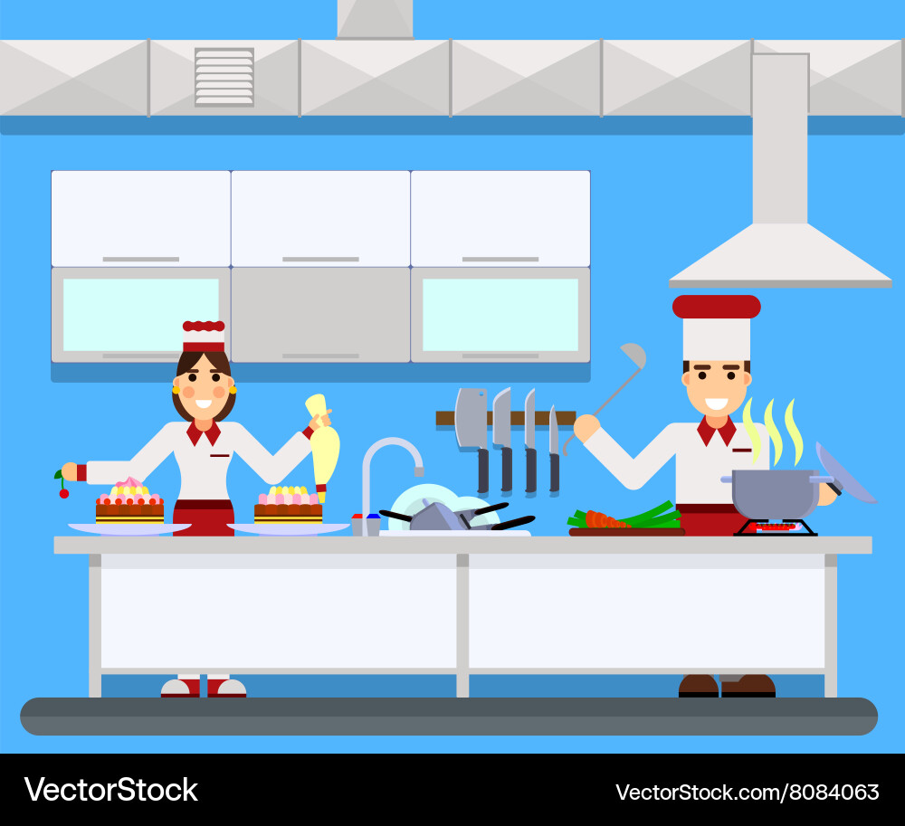 Chefs cooking food in kitchen room Royalty Free Vector Image