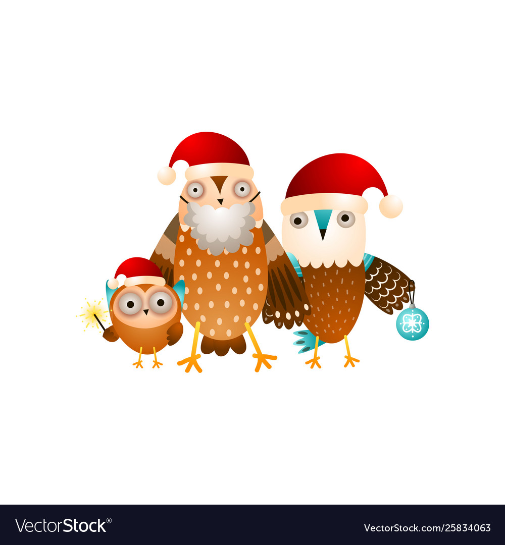 Happy owl family ready for christmas holiday Vector Image