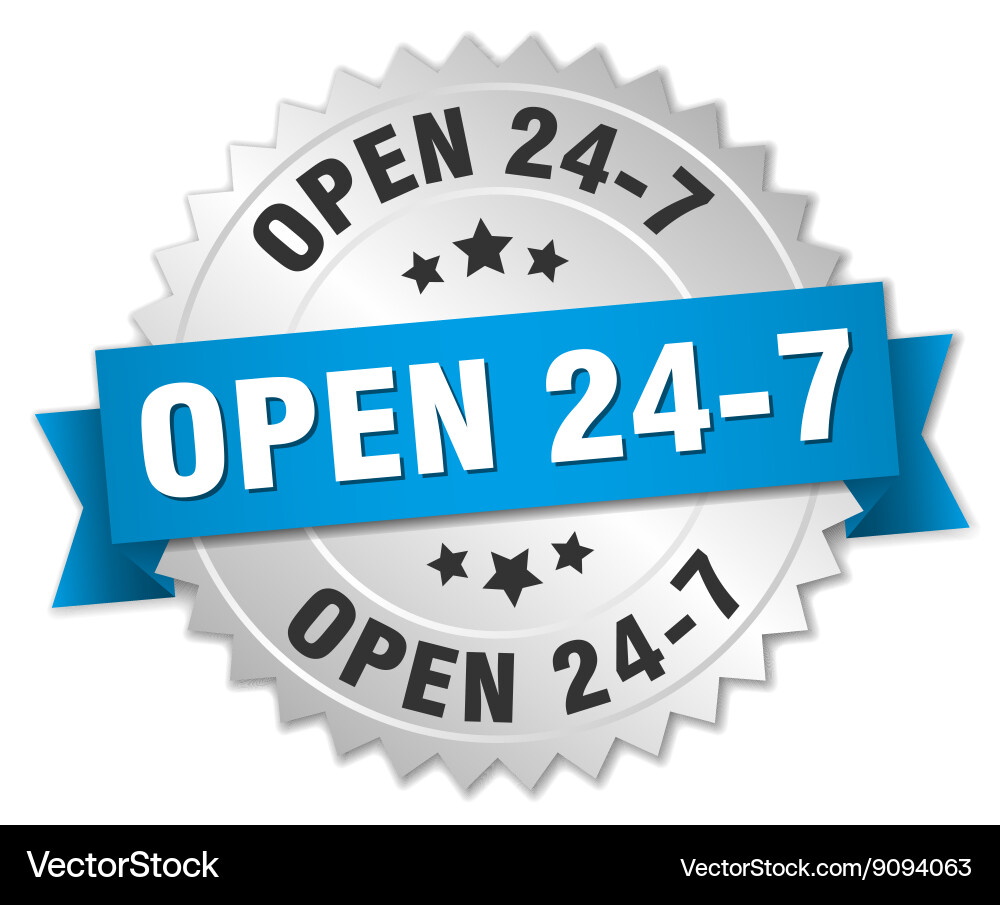 Open 24 7 3d silver badge with blue ribbon Vector Image