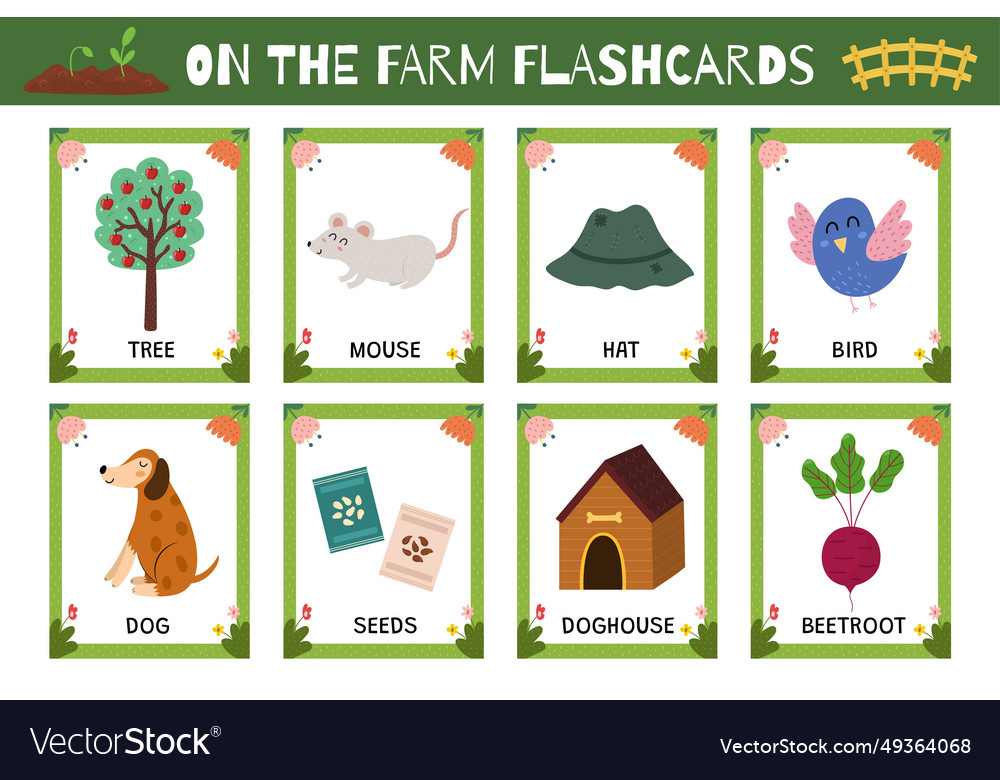 Farm flashcards collection with cute characters Vector Image