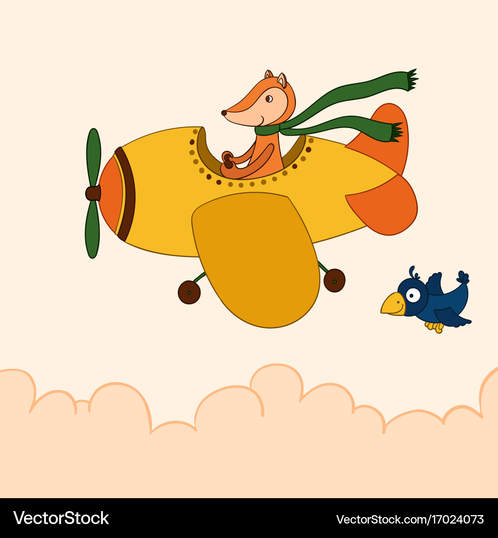 Awesome cartoon fox flying on airplane Royalty Free Vector