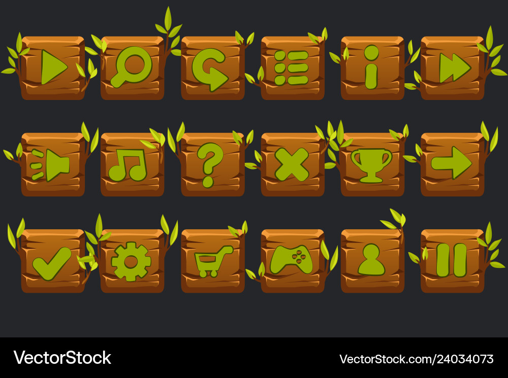 Game ui kit set wooden square buttons Royalty Free Vector