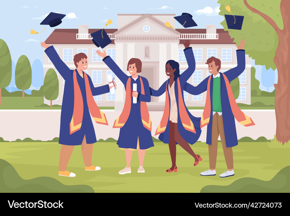 Happy graduating students at university flat color