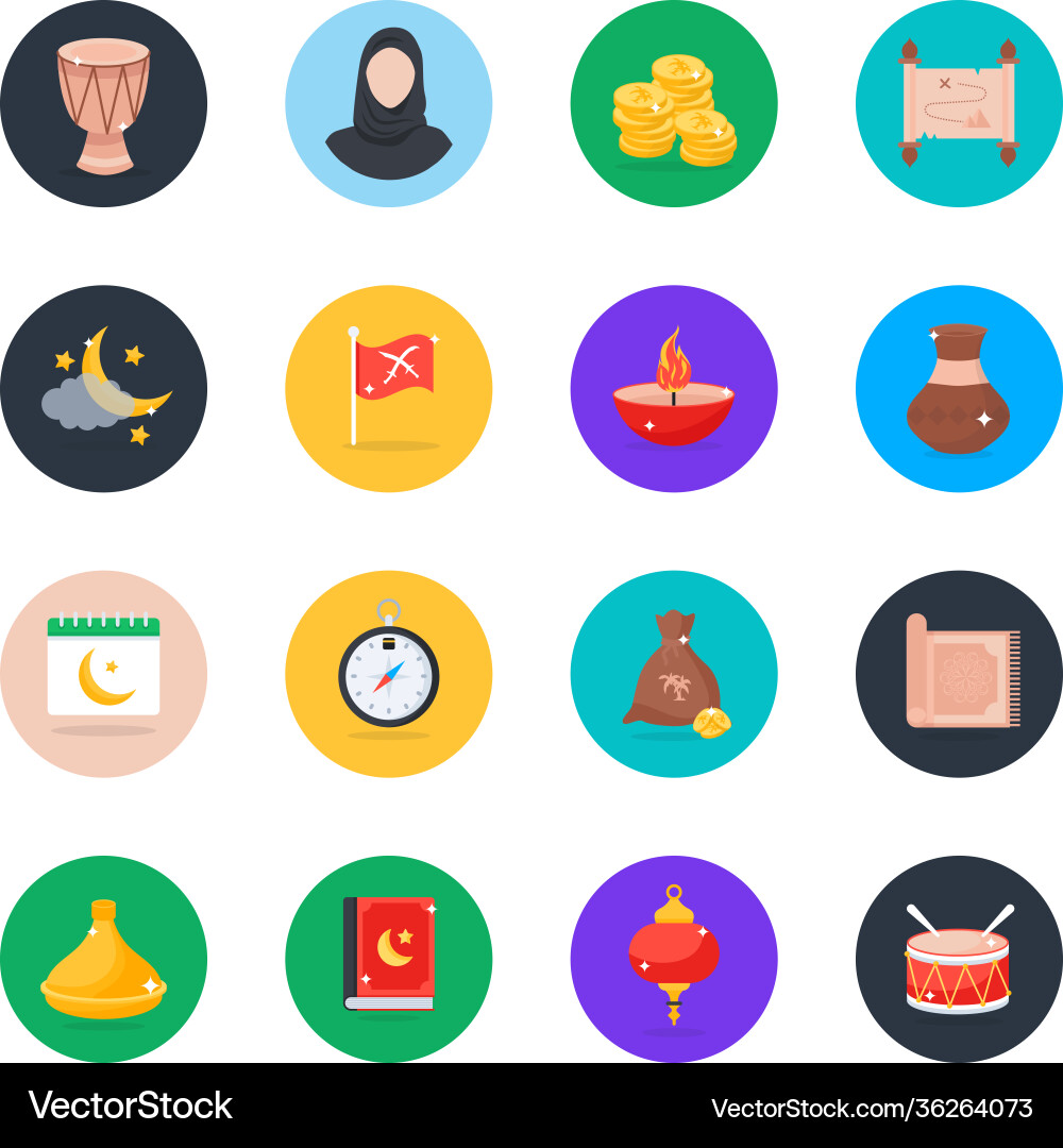 Muslim traditions in modern flat rounded icons pac