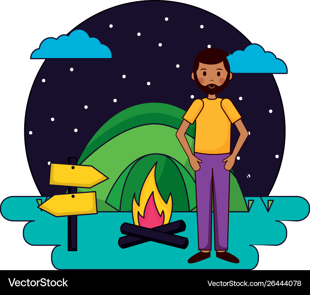 Man camping tent campfire vacations mountians Vector Image