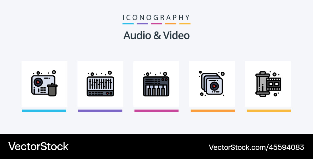 Audio and video line filled 5 icon pack including Vector Image