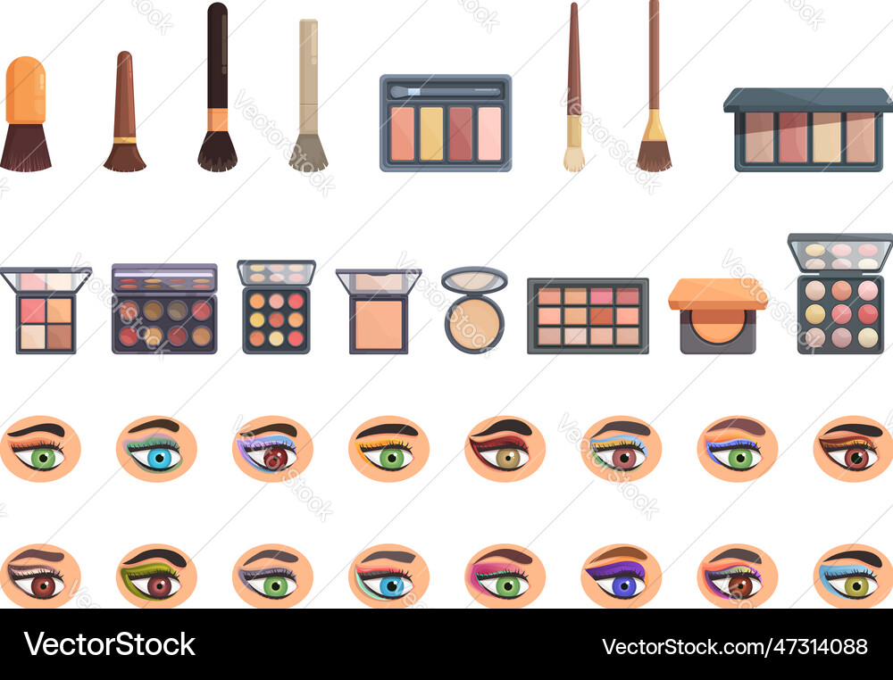 Eye shadow icons set cartoon palette Royalty Free Vector