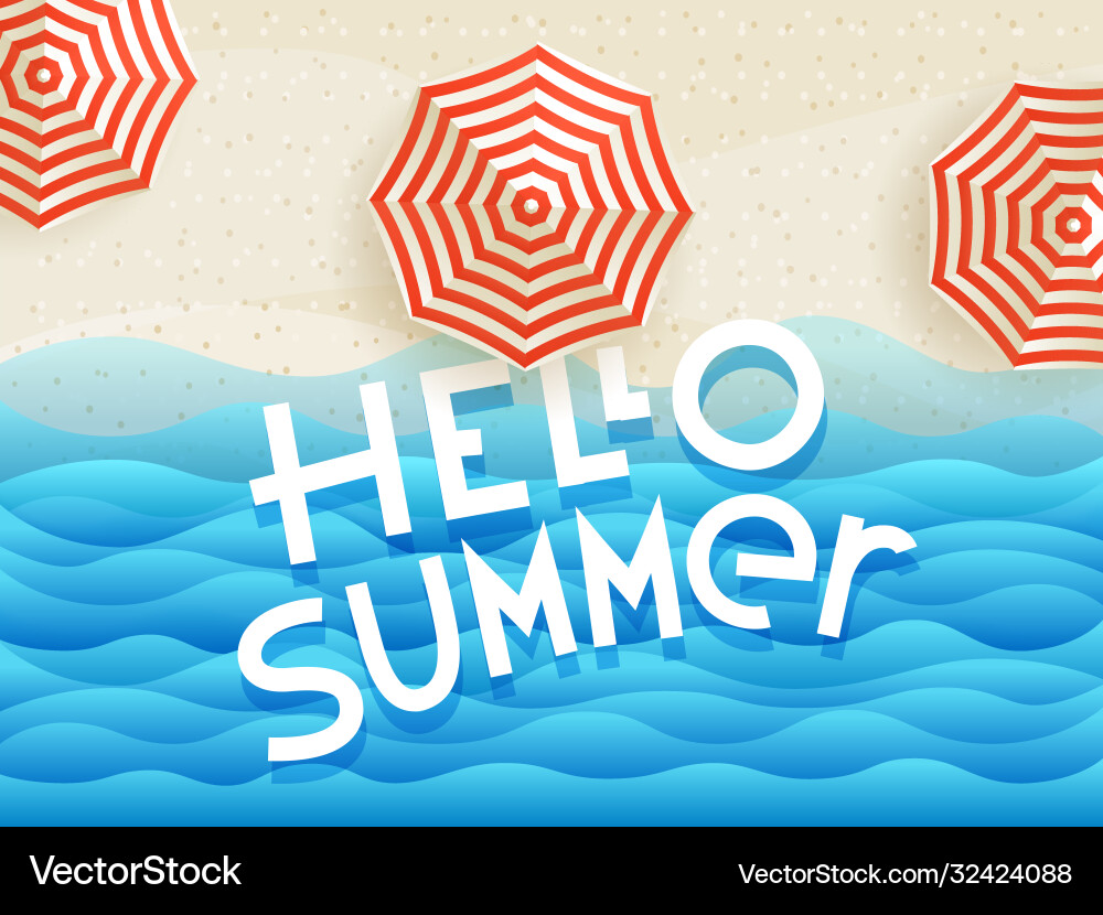 Hello summer banner with umbrellas and lettering Vector Image
