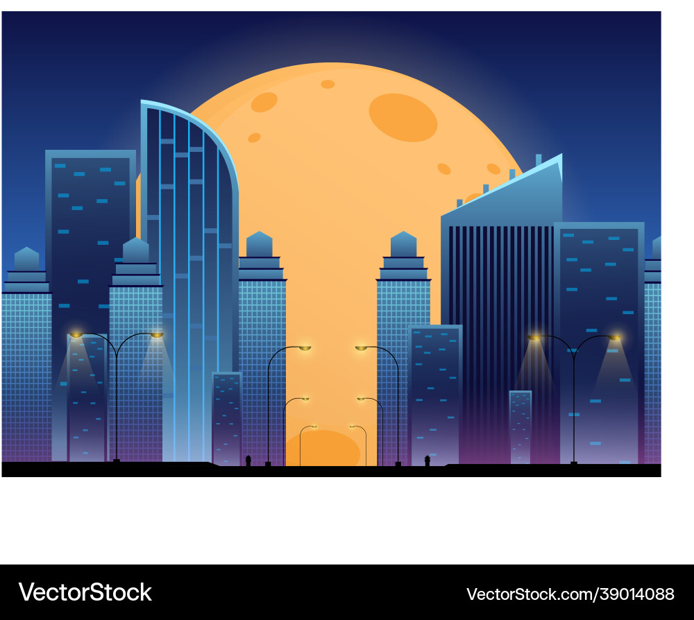 Night cartoon background with building and moon Vector Image