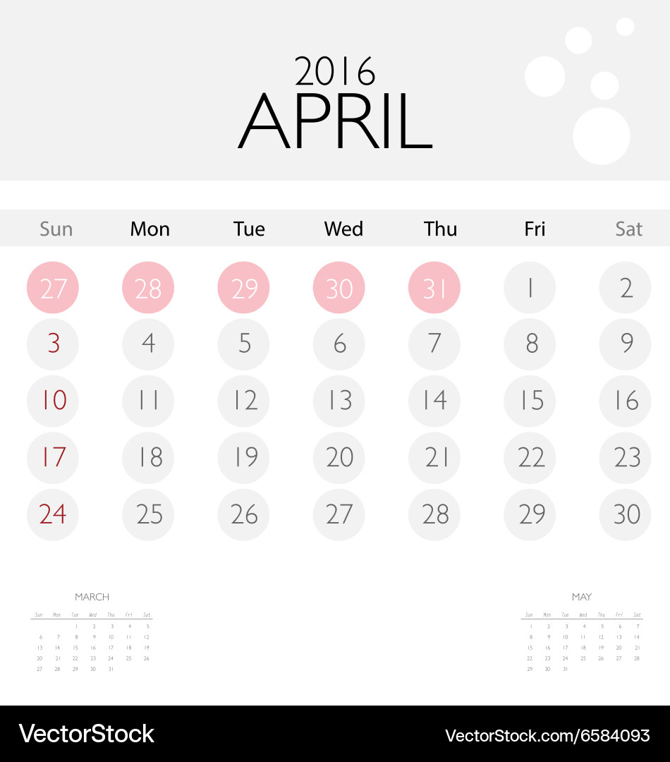 2016 calendar monthly template for april Vector Image