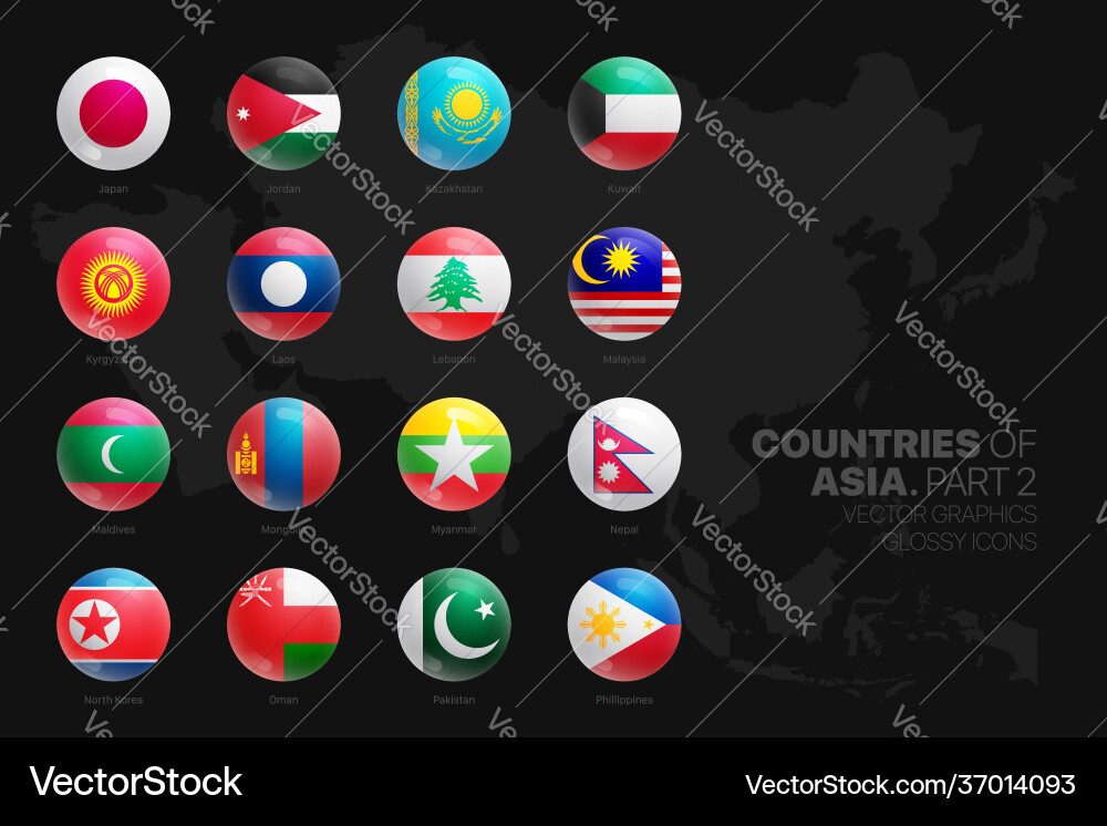 Asian countries flags 3d glossy round icons set Vector Image