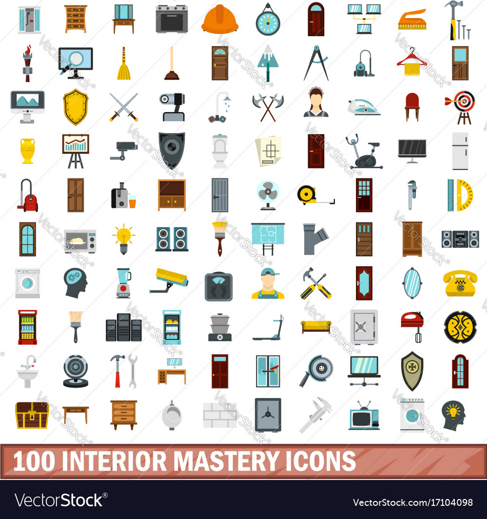 100 interior mastery icons set flat style Vector Image