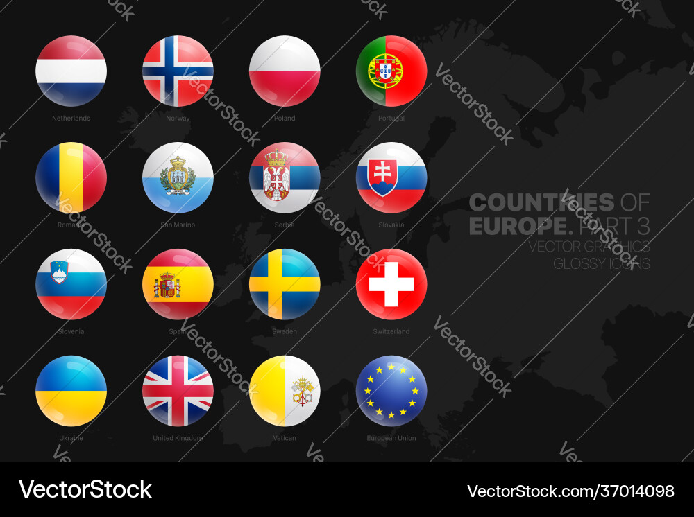 European countries flags 3d glossy icons set Vector Image