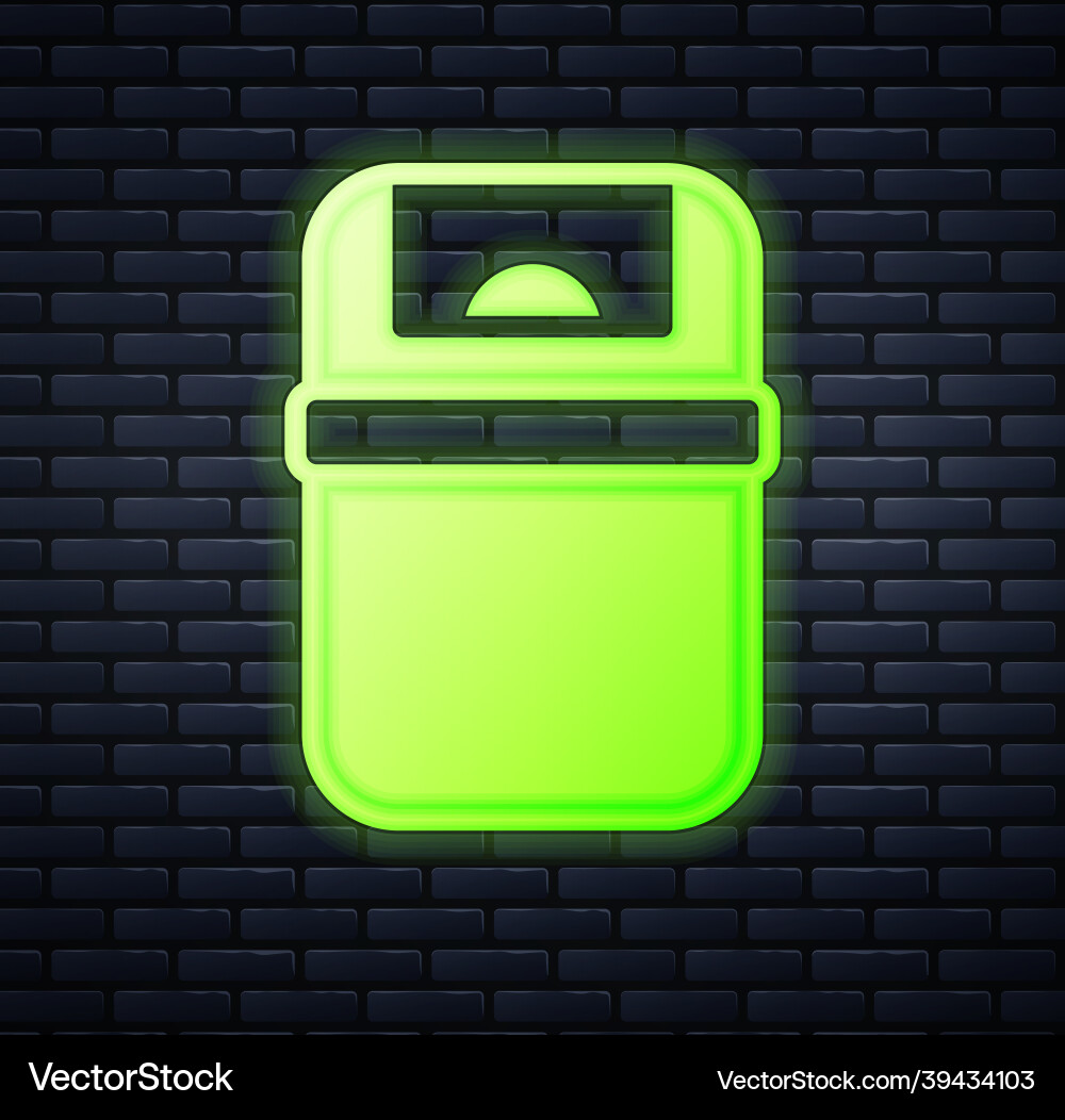 Glowing neon trash can icon isolated on brick wall