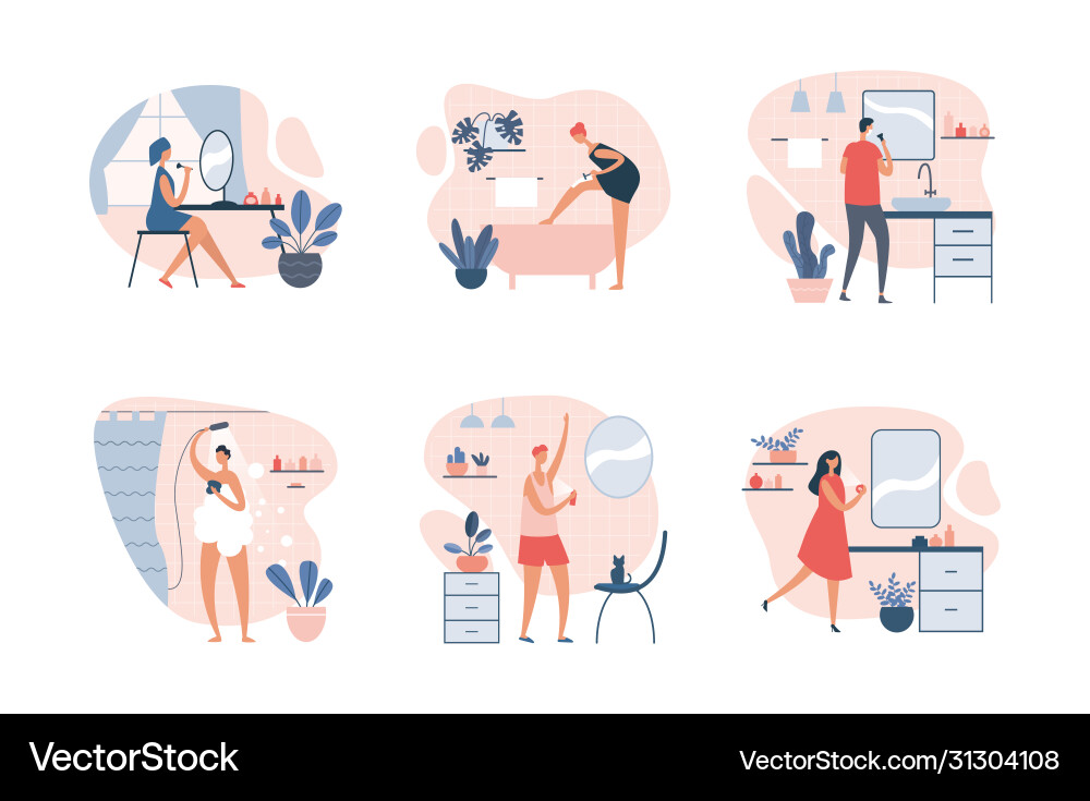 Set people taking daily hygiene care Royalty Free Vector