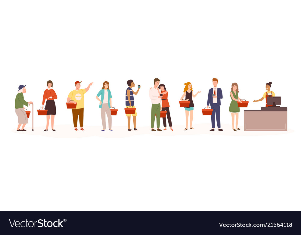 Angry men and women standing in line or queue to Vector Image