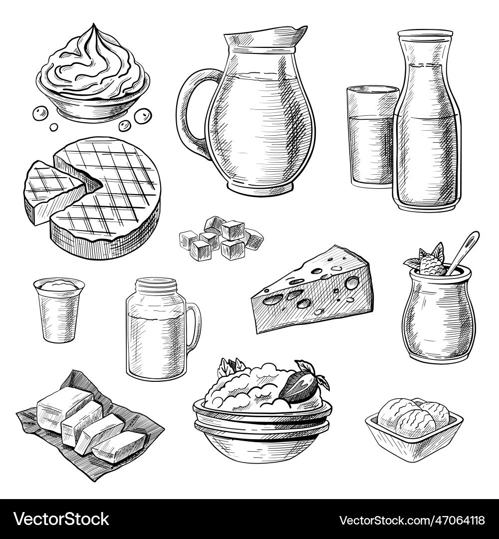 Dairy products sketches set Royalty Free Vector Image