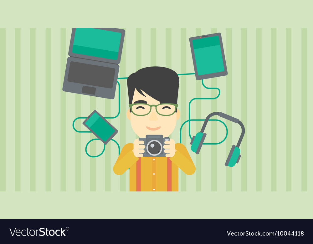 Young man surrounded with his gadgets Royalty Free Vector
