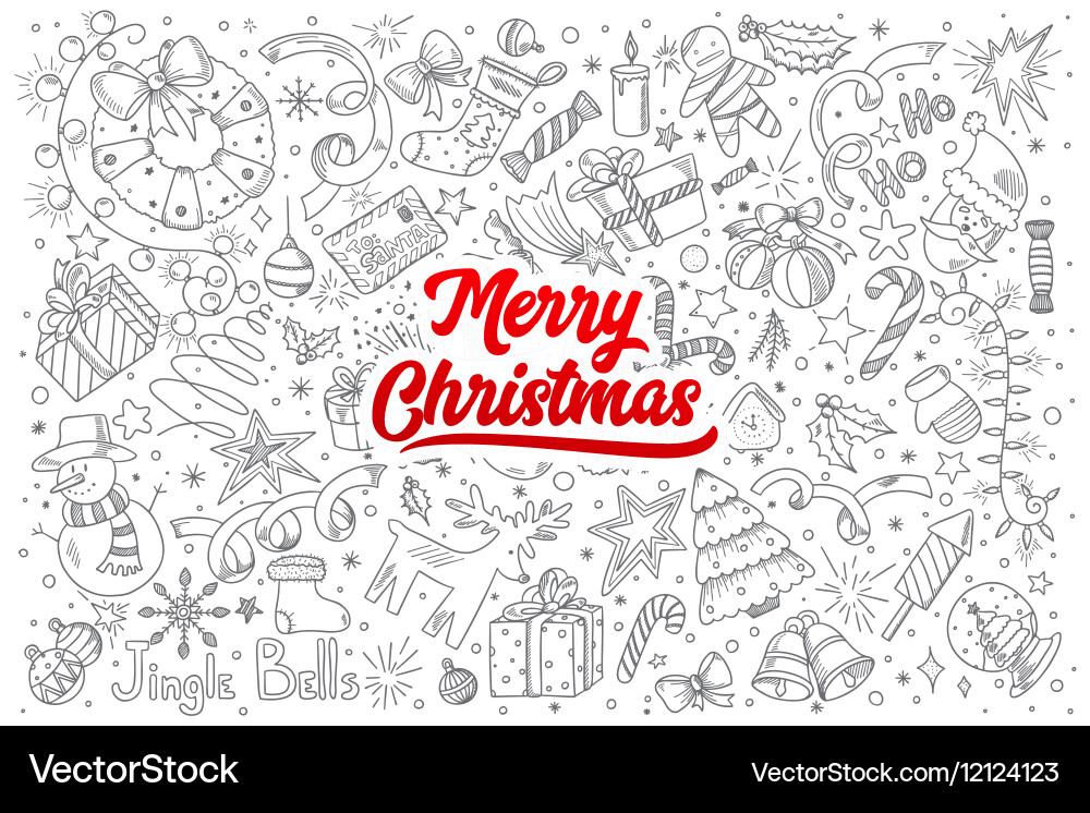 Merry christmas doodle set with lettering Vector Image