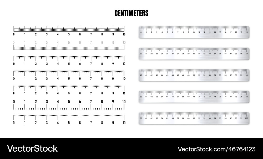Realistic metal rulers with black centimeter scale