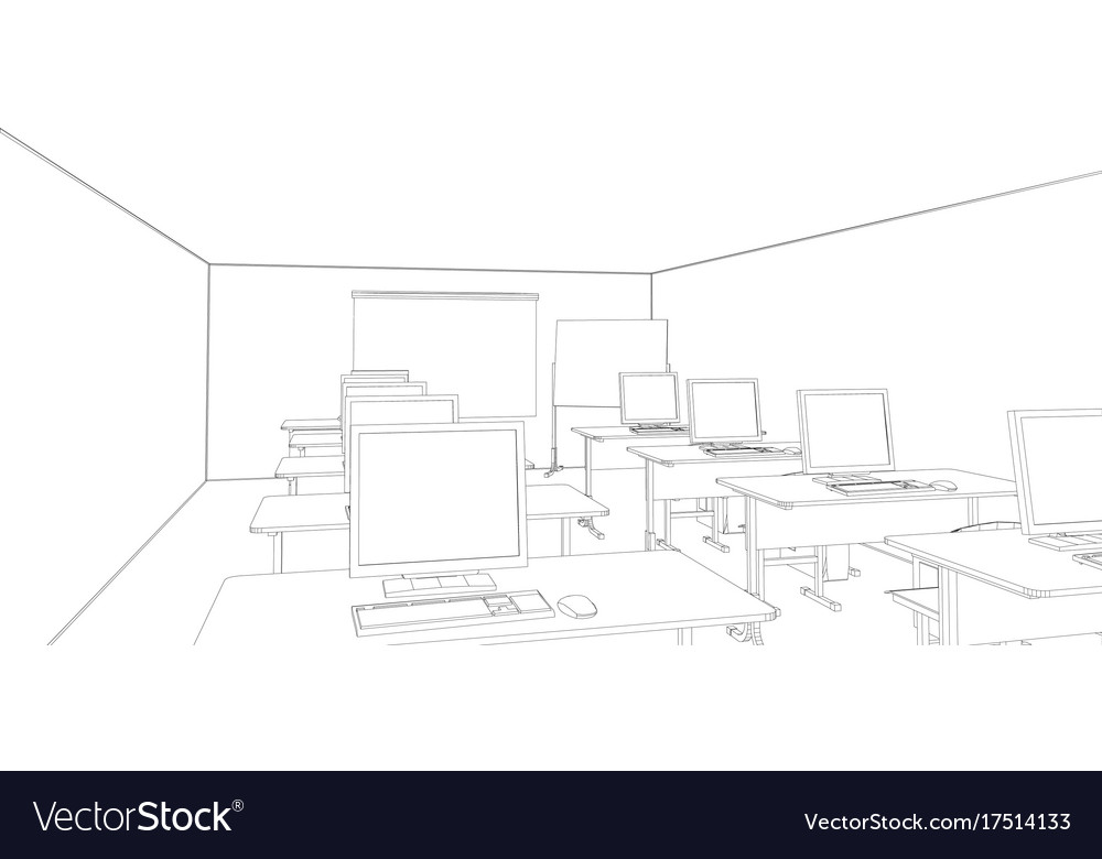 Computer class with tables and computers Vector Image