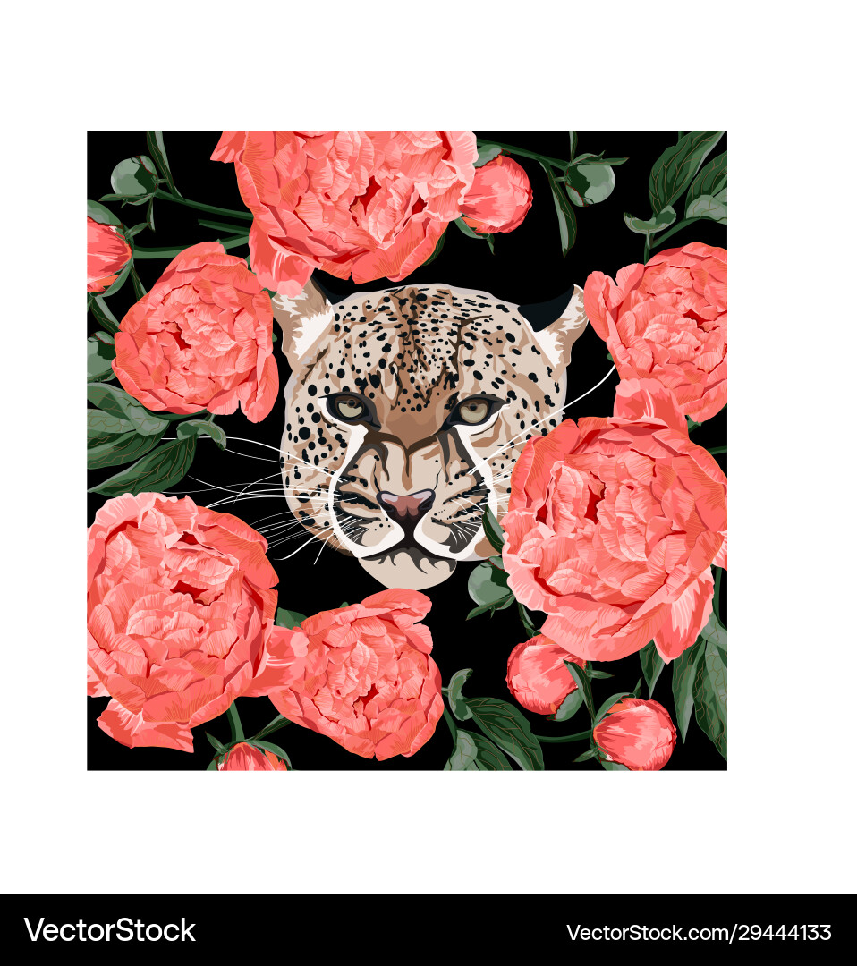 Graceful leopard and tropical flowers Royalty Free Vector