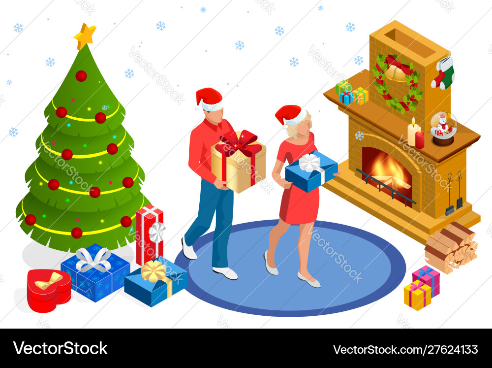 Isometric interior christmas glowing christmas Vector Image