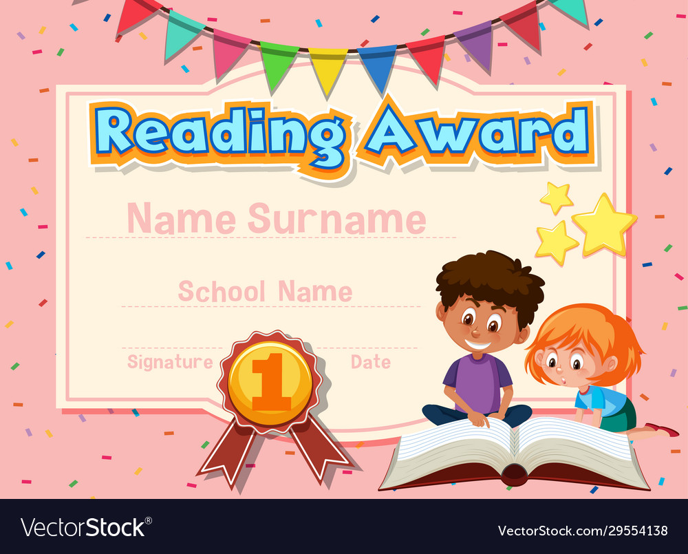 Certificate Template For Reading Award With Kids Vector Image