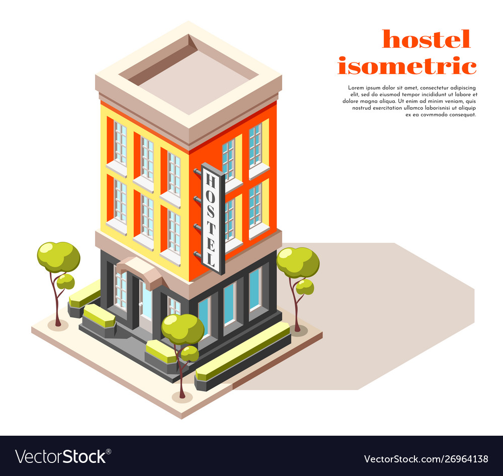 Hostel building isometric composition Royalty Free Vector