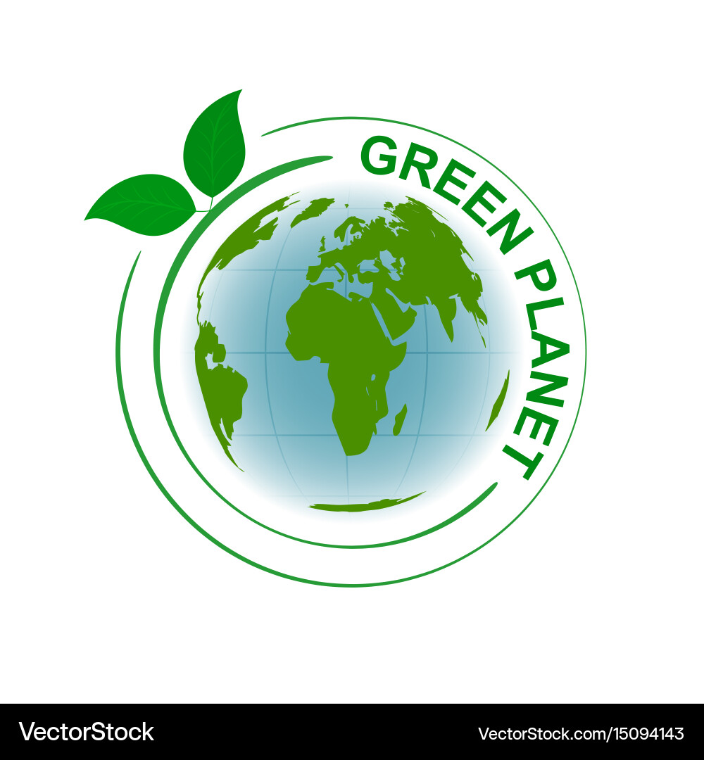 Green planet symbol with map and leaves Royalty Free Vector