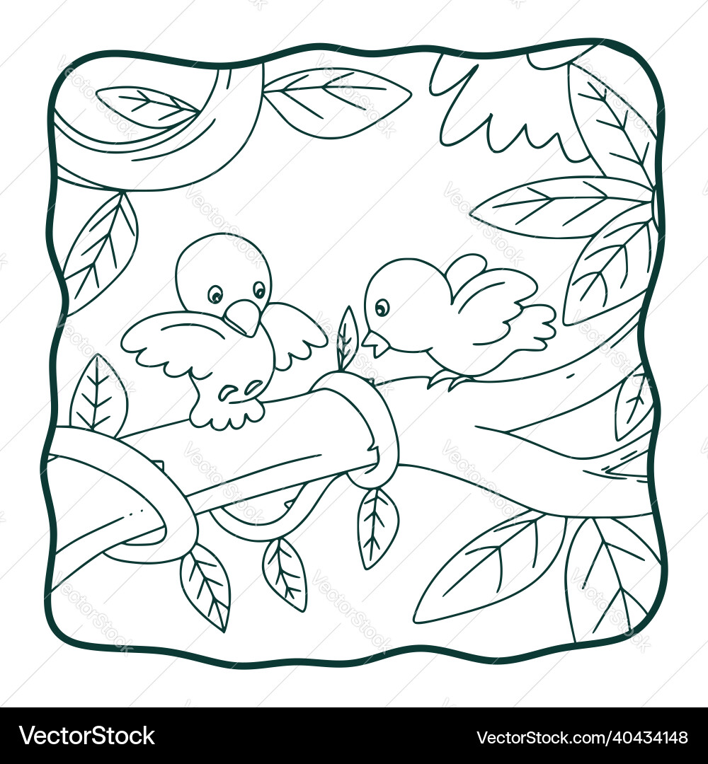Cartoon two birds are on a tree trunk coloring Vector Image