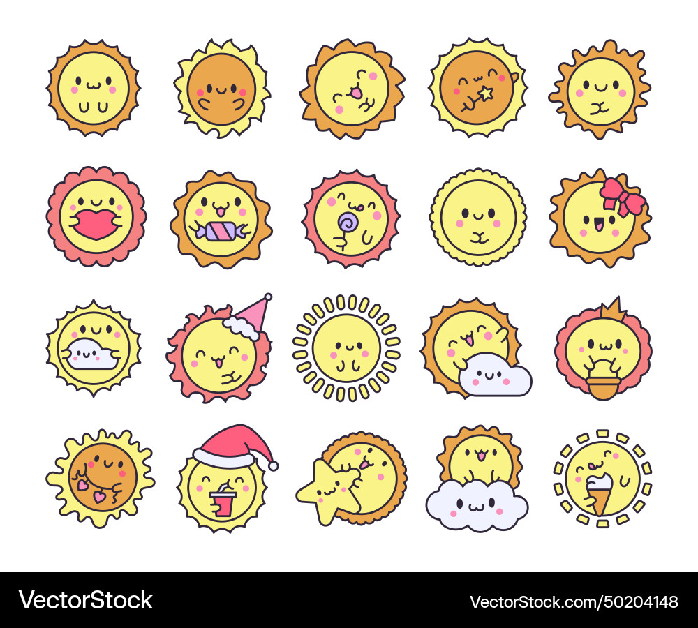 Cute sun with face cartoon smiling characters Vector Image