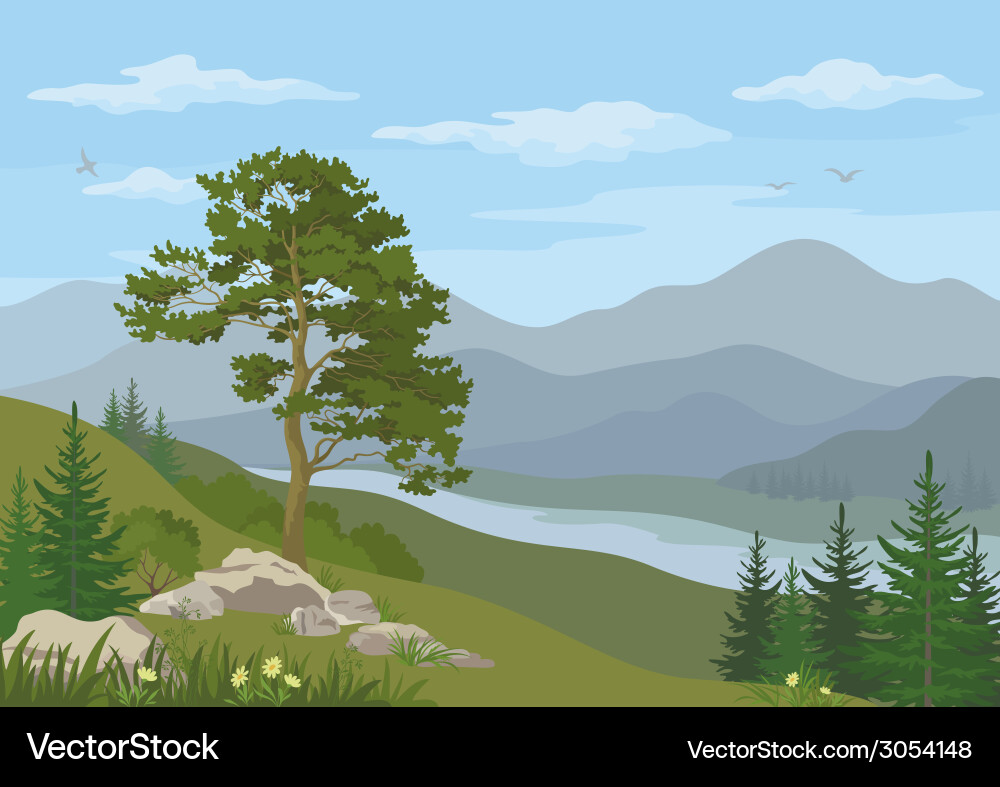 Mountain landscape with tree Royalty Free Vector Image
