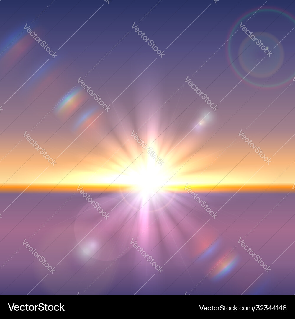 Sun over horizon with lens flares Royalty Free Vector Image
