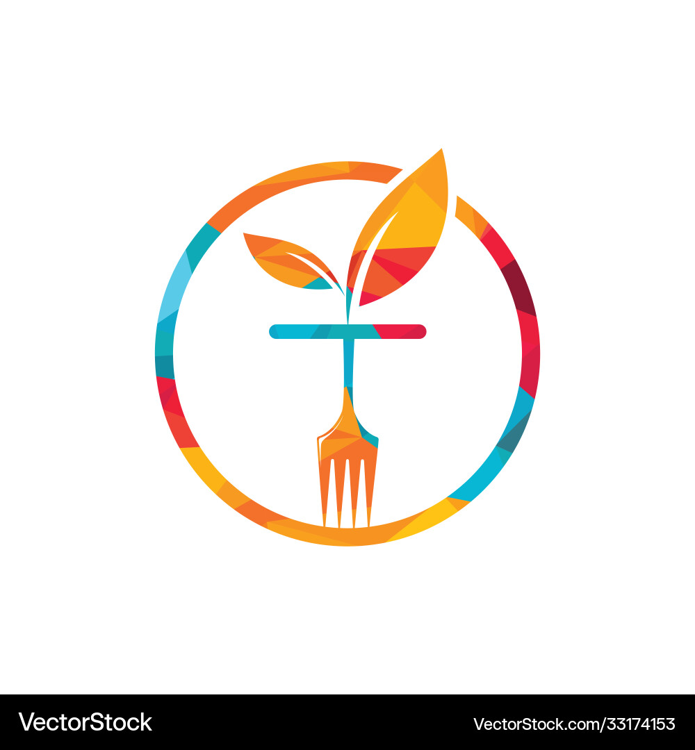Organic food logo with fork and leaf design Vector Image