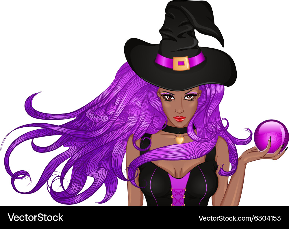 Young african witch in hat with magic ball hand Vector Image