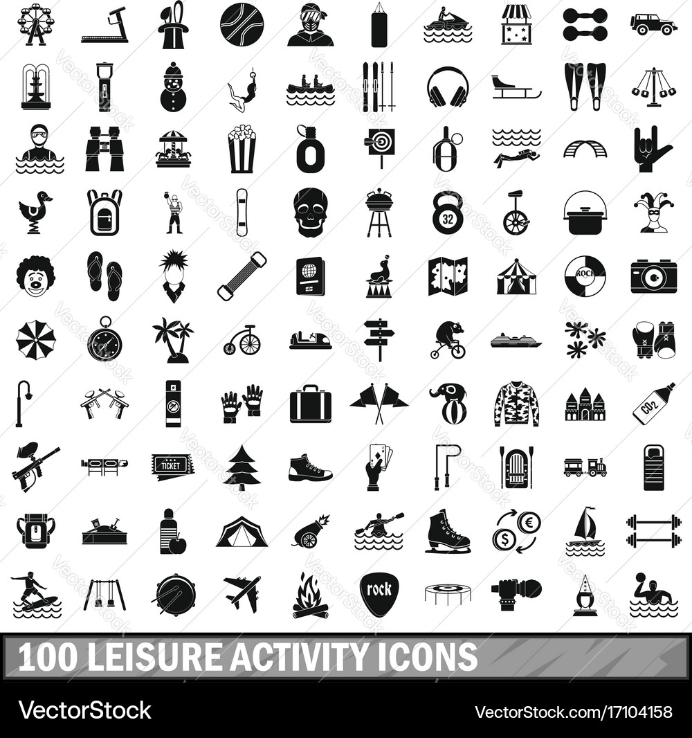 100 leisure activity icons set simple style Vector Image