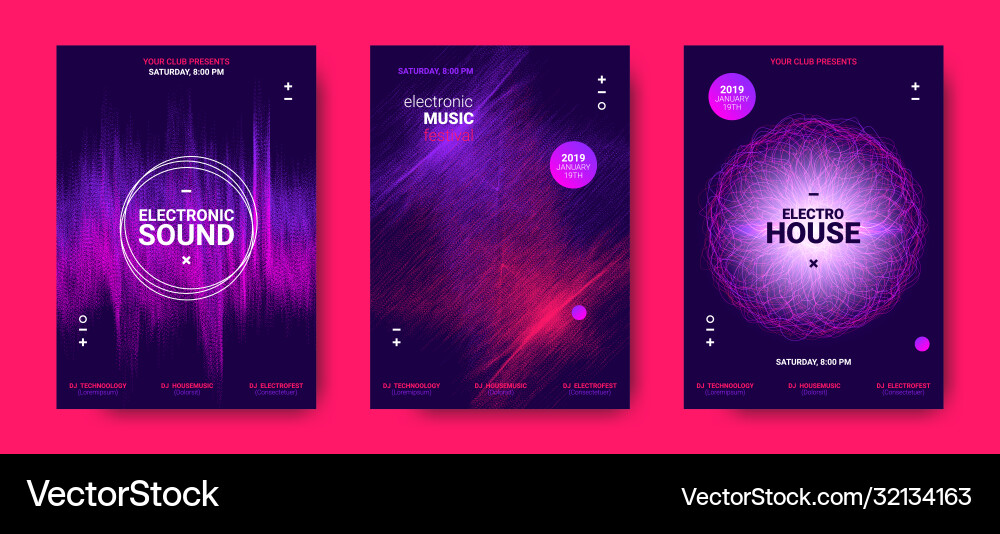 Electronic music posters with sound amplitude Vector Image
