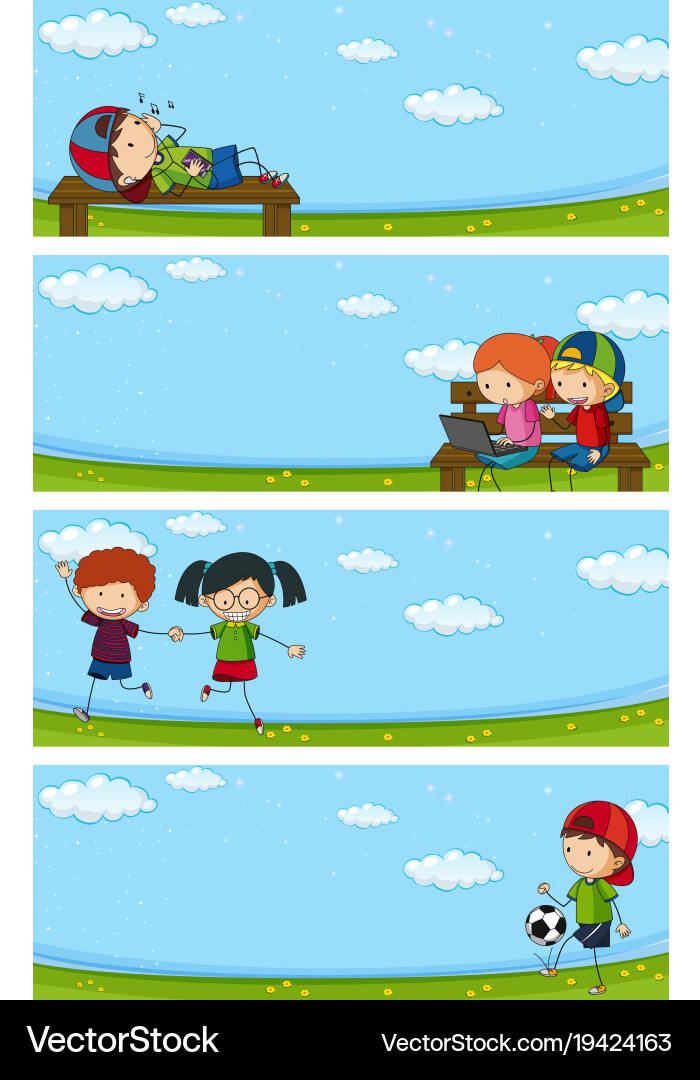 Four park scenes with happy children Royalty Free Vector