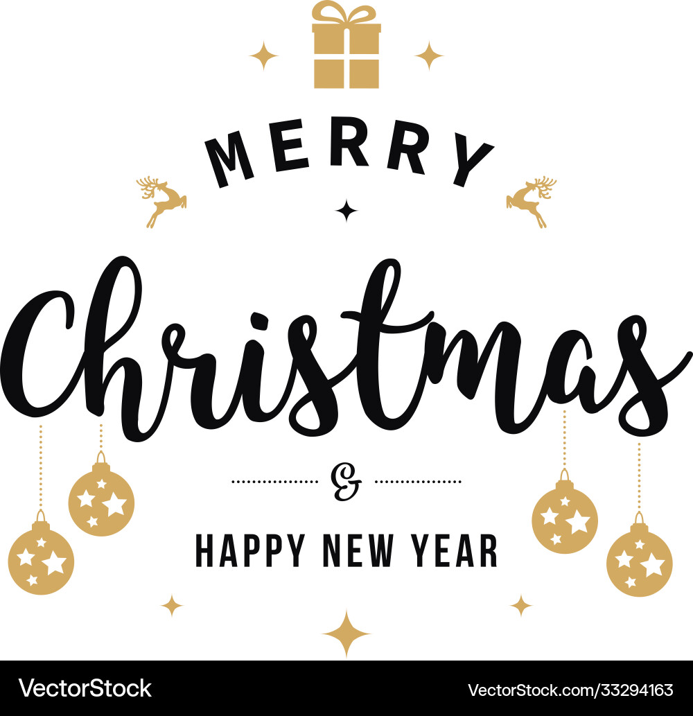 Merry christmas greeting text ornaments gold Vector Image