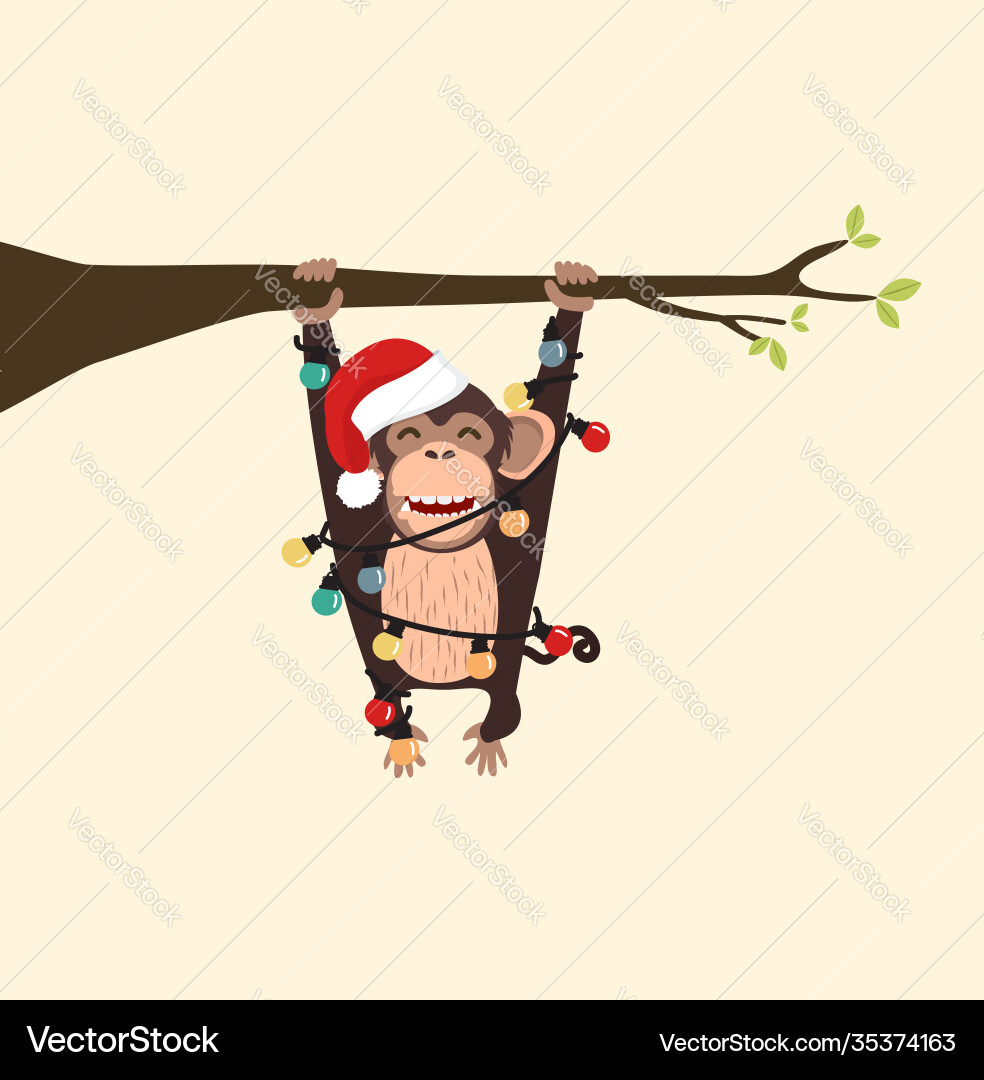 Monkey with hat christmas climbing tree Royalty Free Vector